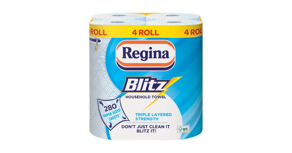 Regina Blitz CD738 Kitchen Rolls Blue & White 3-Ply 22.4m (Pack of 4 ...