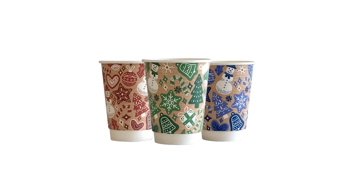 Vegware Compostable HX492 Double Wall Coffee Cups Festive Design 225ml ...