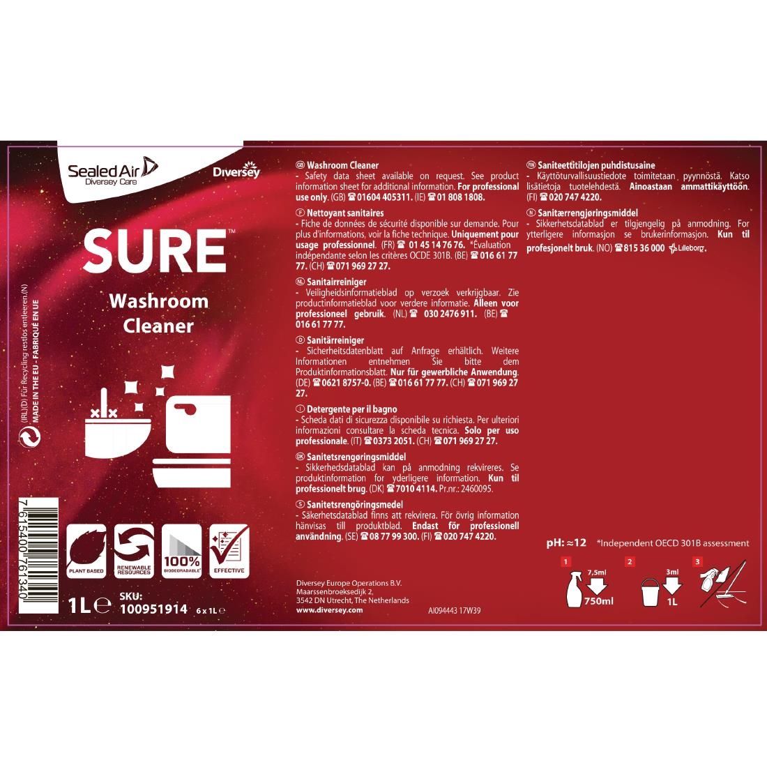 Diversey CX841 SURE Washroom Cleaner Concentrate 1 Litre - Catering ...